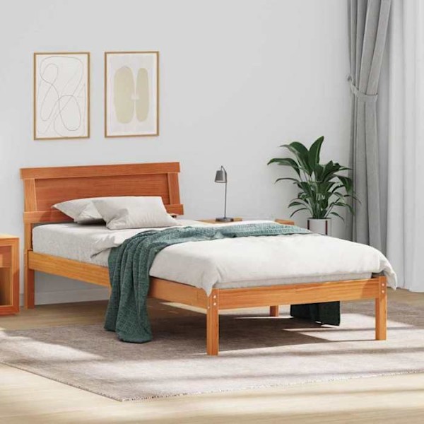 vidaXL Sängram med huvudgavel Brun vax 100 x 200 cm Massivt furu 872835 ...