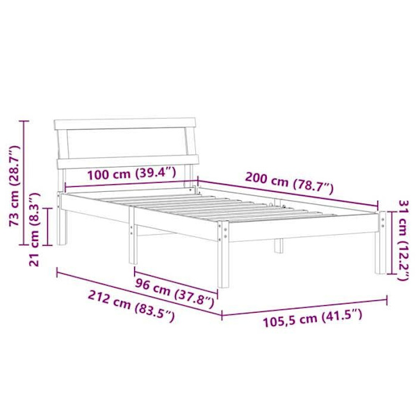 vidaXL Sängram med huvudgavel Brun vax 100 x 200 cm Massivt furu 872835 ...
