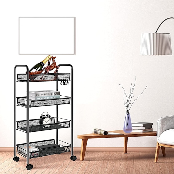 Rullande hyllplan med 4 våningar, svart stål för hem och kontor | CDON