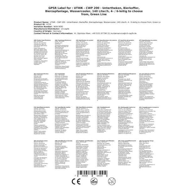 Vattenkylare under disk UTWK - CWP 200, 140 liter/h, val av 4/6 rör ...