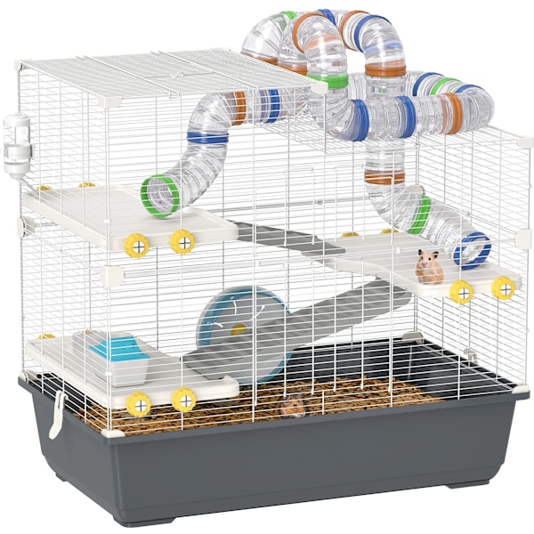 Hamsterbur - 4-vånings smådjursbur i metall - Med springhjul, matskål ...