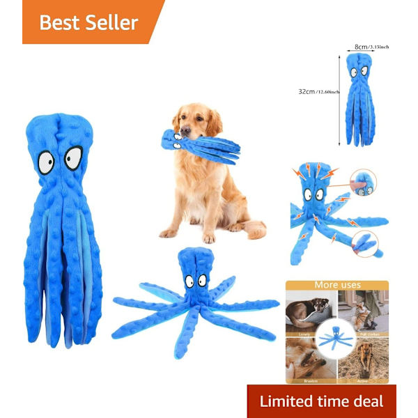 Interactive No Stuffing Octopus Dog Toy Squeaky Plush Chew for Small ...