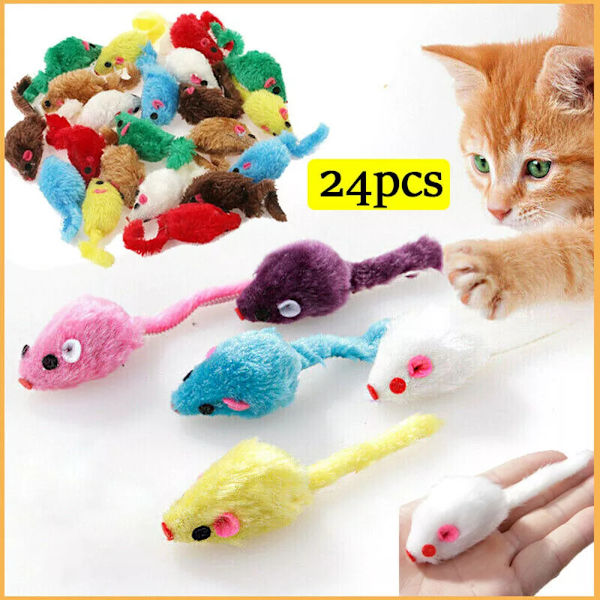 24pcs Cat Toy Furry Plush Mice Rattle Rat Mouse Pet Kitten Interactive ...