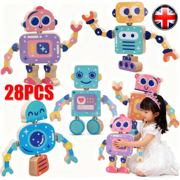 28PCS Wooden Robot Building Blocks Montessori Toys for Kids Toddlers ...
