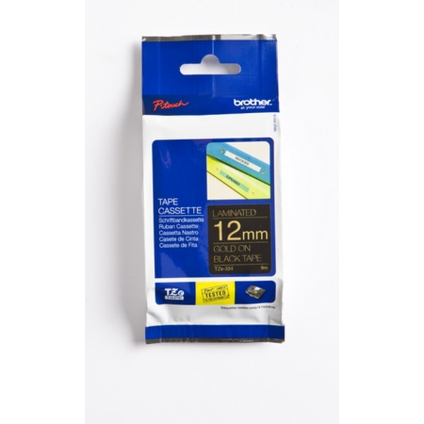 Brother TZe-334 teip, 12 mm x 8 m, gull på svart bakgrunn | CDON