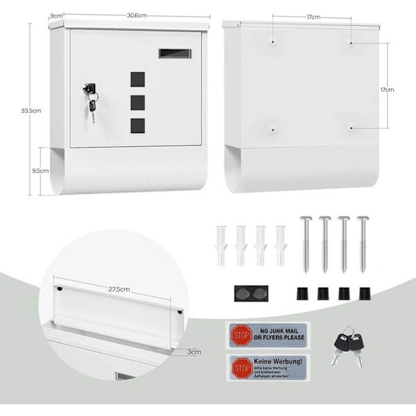 Rootz White Mailbox - Wall -Moned Post Box - Secure Locking System ...