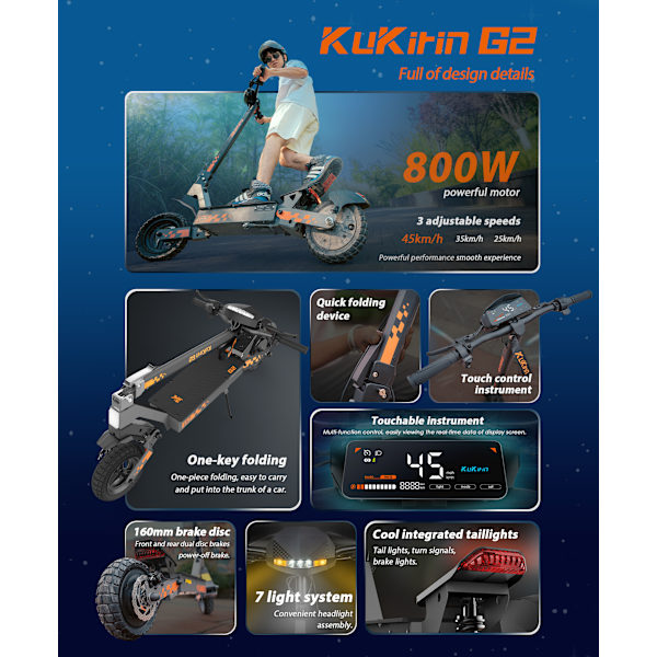 2026 Kukirin G2 elektrisk scooter: 48V 15Ah batteri, 800W motor, 10 ...