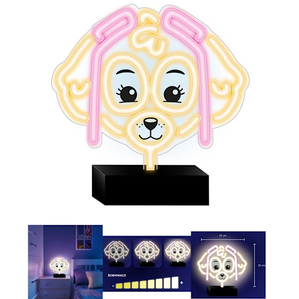Paw Patrol Neon LED Skye – 25×25 cm jalustalla ja USB-virralla | CDON