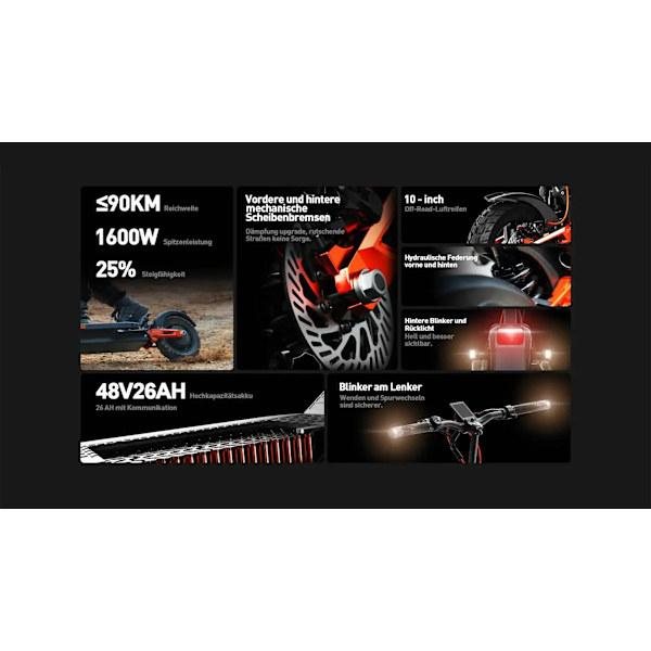 JOYOR T6E Pro(ABE) Elscooter för vuxna 1600W motor 48V 26Ah batteri 10 ...