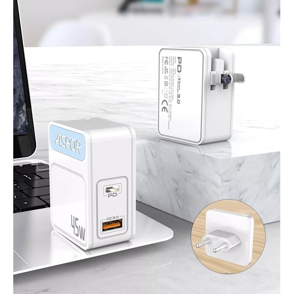 45W Oplader med Rejseadapter US/EU - USB-C - PD - Hurtigoplader - Mobillader | CDON