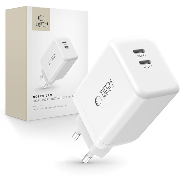 Tech-Protect 45W PD 2x USB-C Väggladdare Vit | CDON