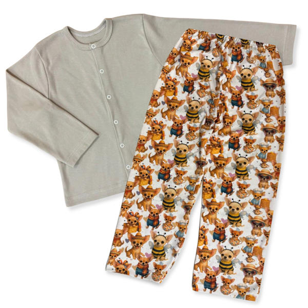 Barnpyjamas BOMULL 128 med knapp för SJUKHUSET BEIGE HUNDAR | CDON