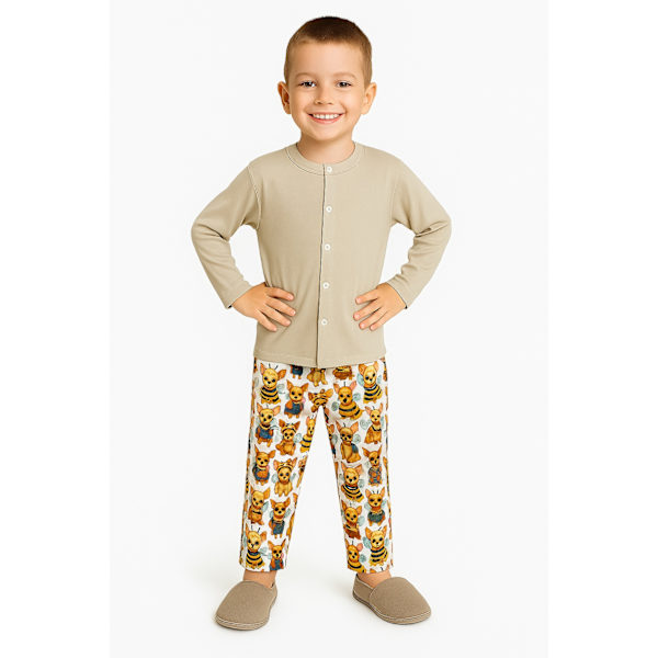 Barnpyjamas BOMULL 128 med knapp för SJUKHUSET BEIGE HUNDAR | CDON