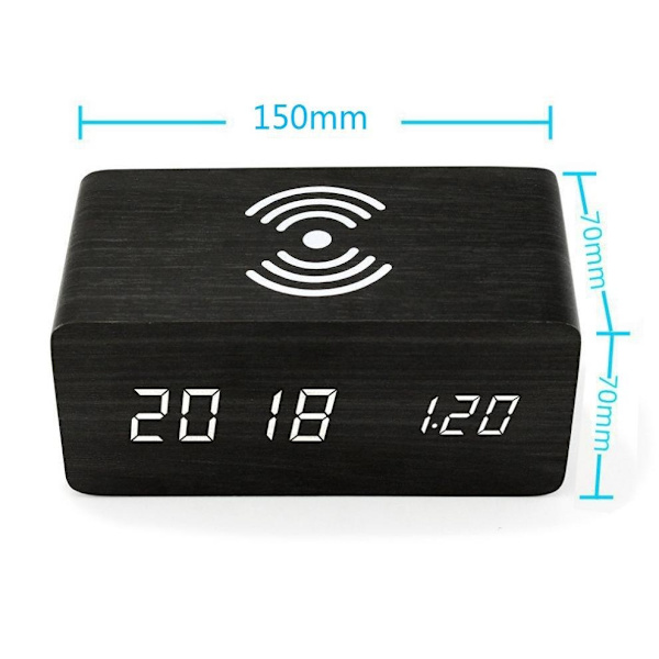 Trädesignad LED digital väckarklocka med trådlös laddning och ...