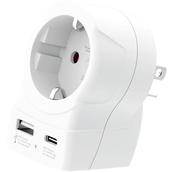Strømadapter EU til USA, USB-A/USB-C, 20W PD jordet | CDON