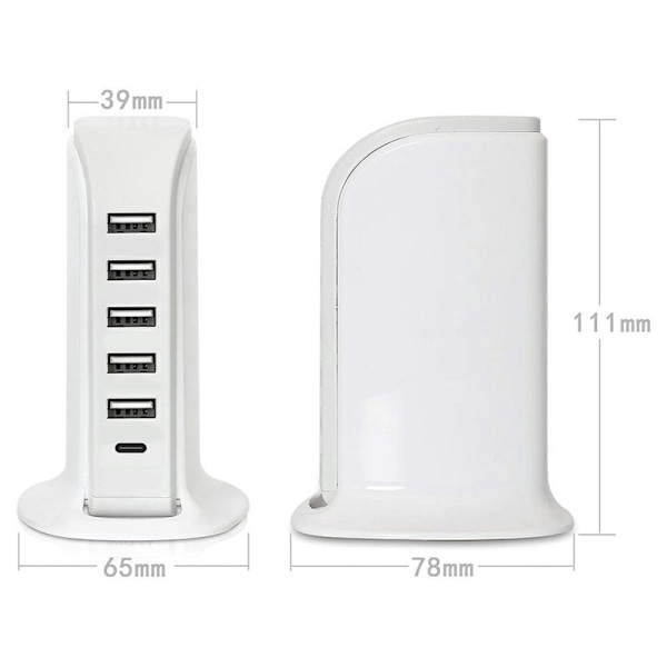 40W Multi-Port Laddare Typ-C + 5 USB-A Snabbladdningsstation - Vit | CDON