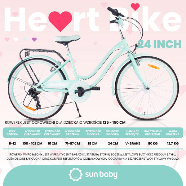 24-tums ungdomscykel för tjejer, stadscykel för nattvard, Shimano 7 växlar, mintgrön Heart Bike ...