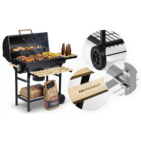 Puutarhahiiligrillin tynnyri savupiipulla, hyllyillä, lämpömittarilla ...