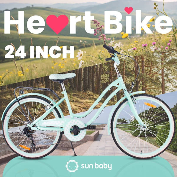 24-tums ungdomscykel för tjejer, stadscykel för nattvard, Shimano 7 växlar, mintgrön Heart Bike ...