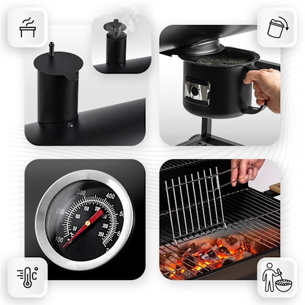 Puutarhahiiligrillin tynnyri savupiipulla, hyllyillä, lämpömittarilla ...