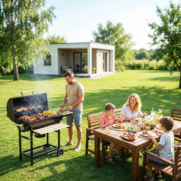 Puutarhahiiligrillin tynnyri savupiipulla, hyllyillä, lämpömittarilla ...