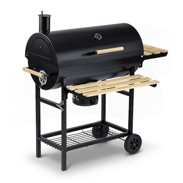 Puutarhahiiligrillin tynnyri savupiipulla, hyllyillä, lämpömittarilla ...