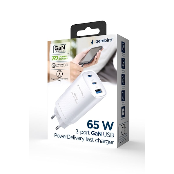 Gembird TA-UC-PDQC65-01-W 3-Port 65W GaN USB Power Delivery Fast ...